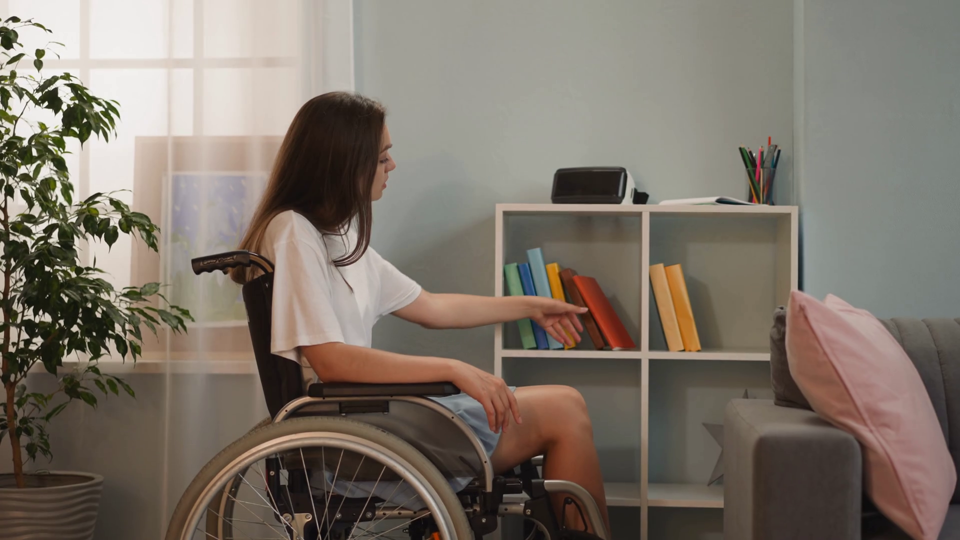 Paralyzed Woman In Wheelchair Takes Book Stock Footage SBV-347465815 ...