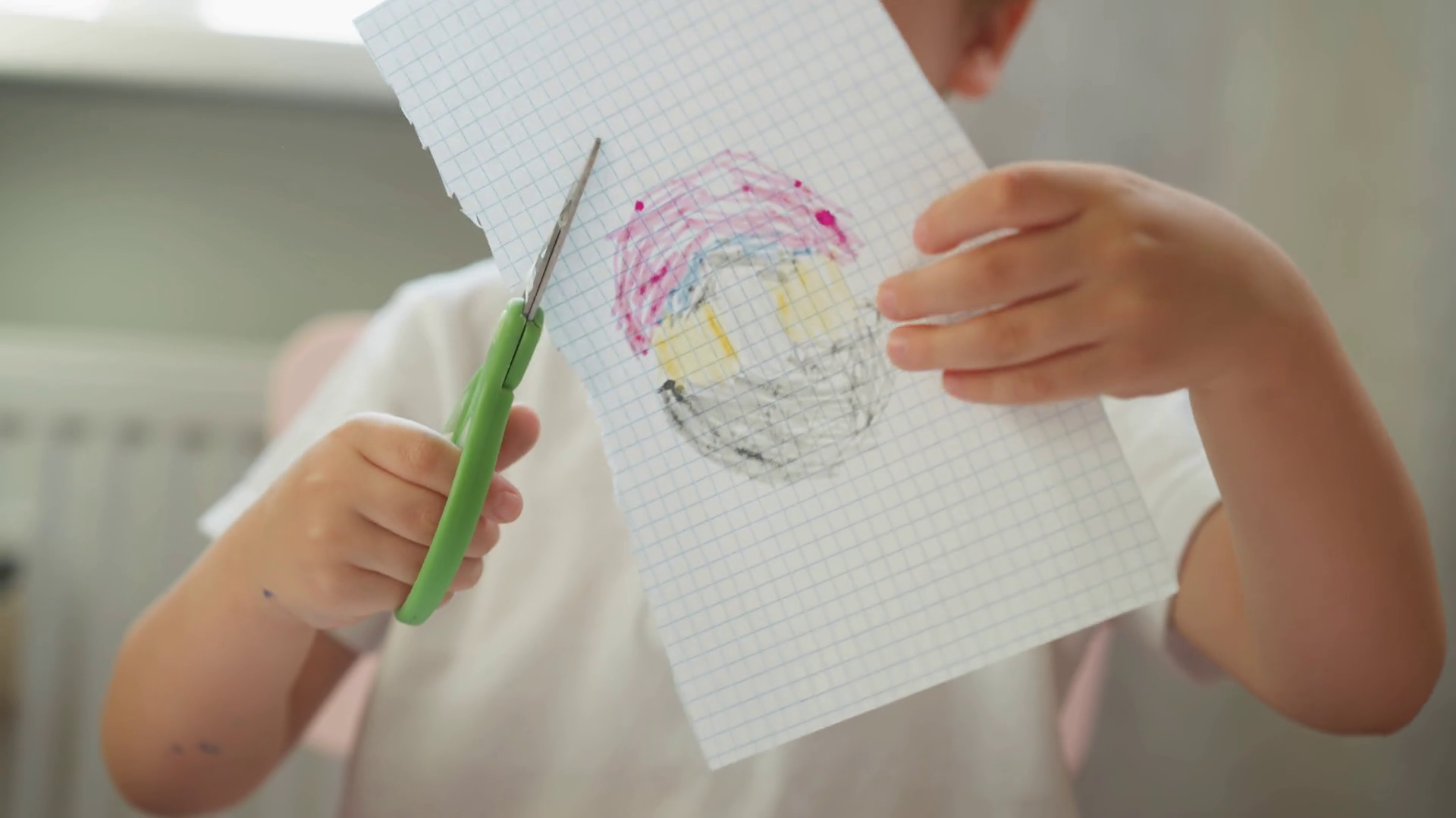 Cute Little Boy Cuts Out Color Drawing Of Stock Footage SBV-348400323 ...