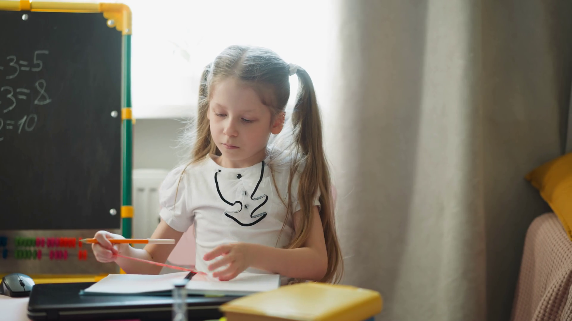 Schoolgirl Using Pencil Ruler Homework Stock Footage SBV-348400474 ...