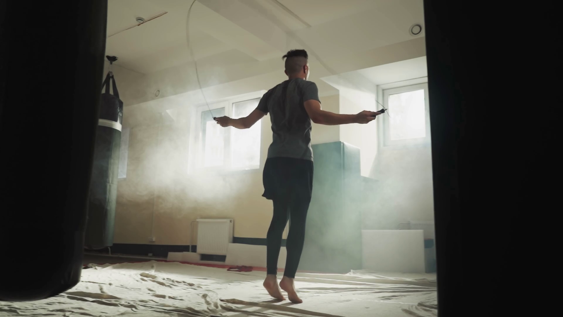 Athlete Trains With Jump Rope In Smoky From Stock Footage SBV-348690970 ...