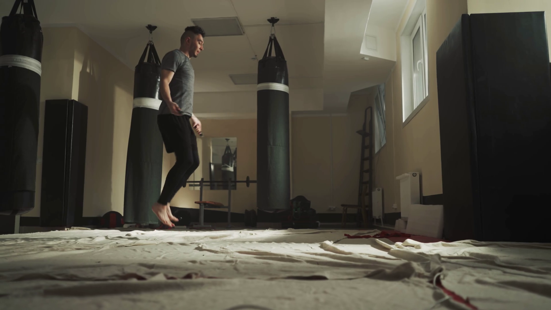 Fighter Jumps On Rope Exercising In Boxing Stock Footage SBV-348690994 ...