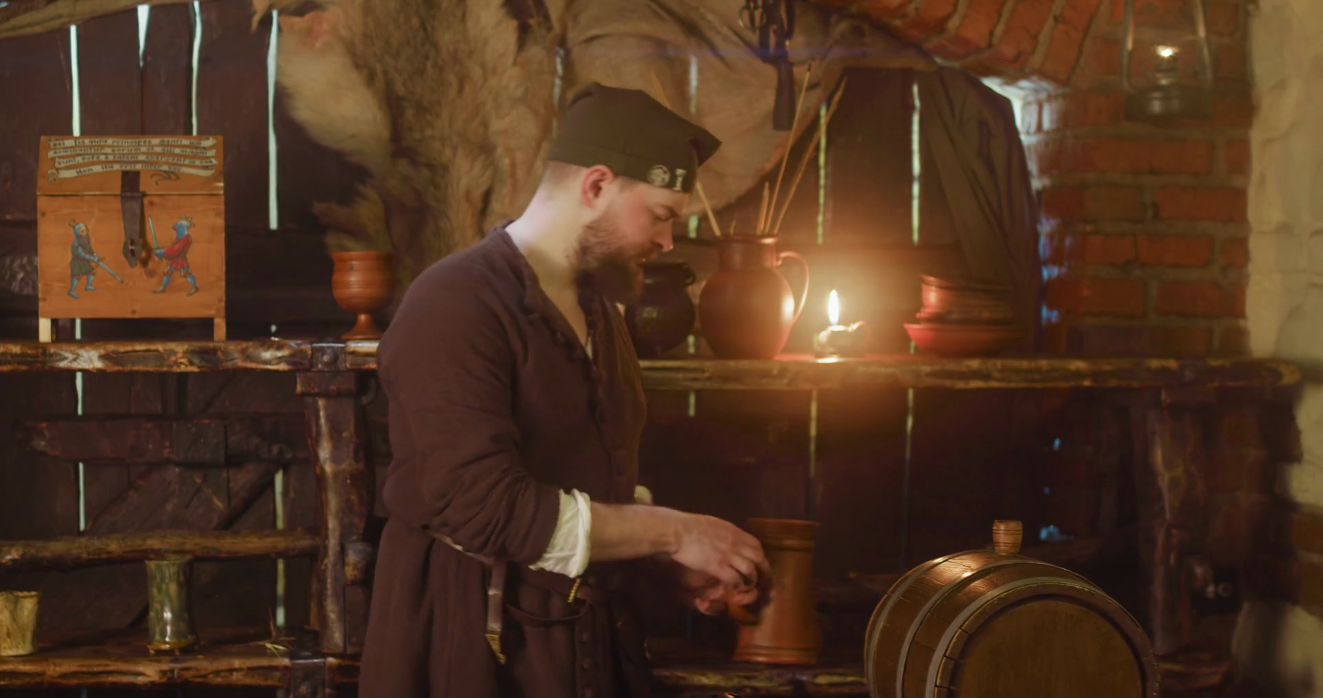 Medieval Keeper Pours Local Wine From Barrel Stock Footage SBV ...