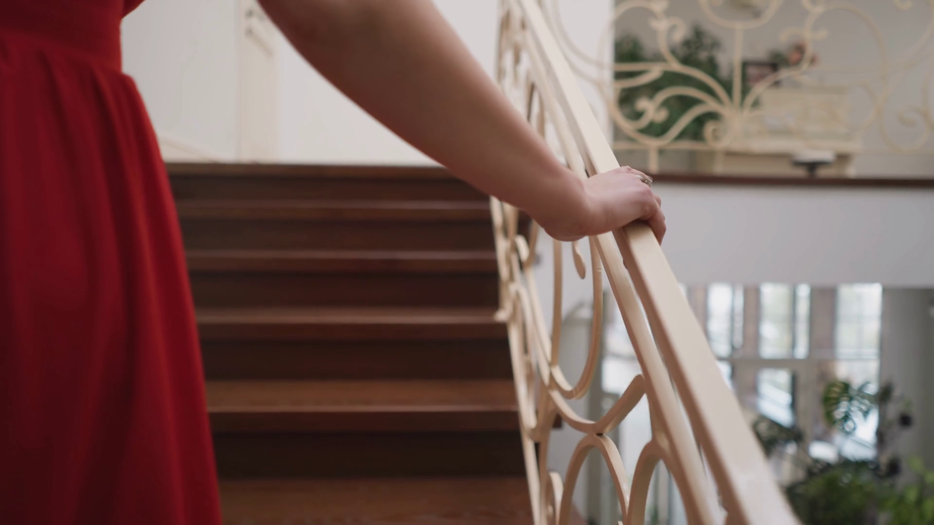 Lady In Red Dress Holding Onto Handrail Stock Footage SBV-348822192 ...
