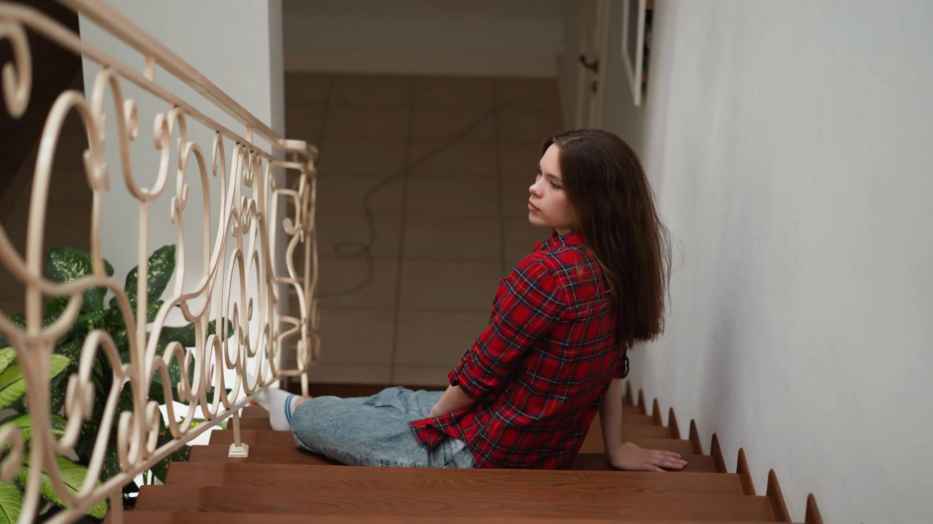 Woman Tired Work Rests On Hall Steps Lady Stock Footage SBV-348842301 ...