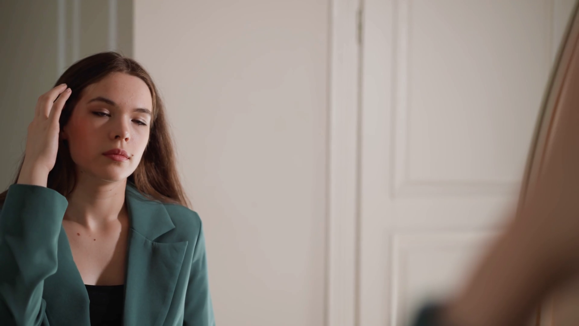 Dismayed Woman Looks At Reflection In Mirror Stock Footage SBV ...