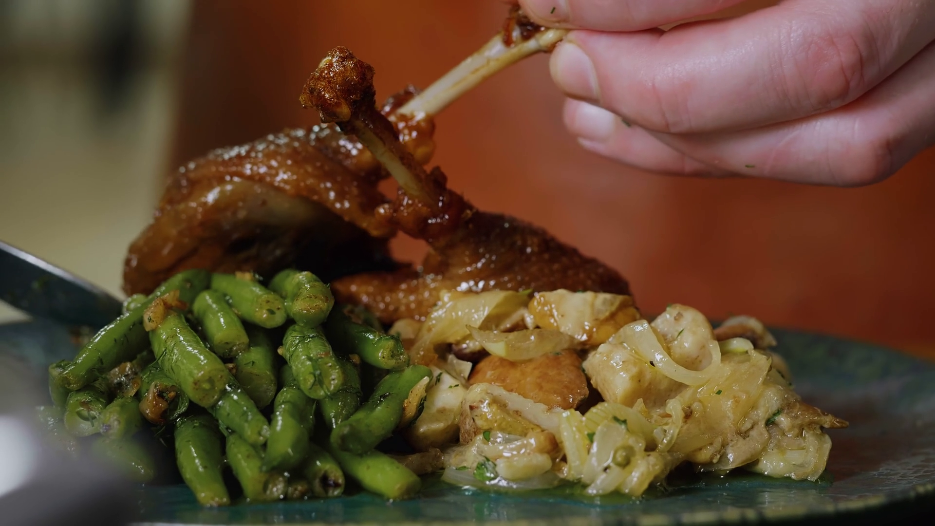 Duck Steak Over Green Beans Appetizing Duck Stock Footage SBV-352052643 ...