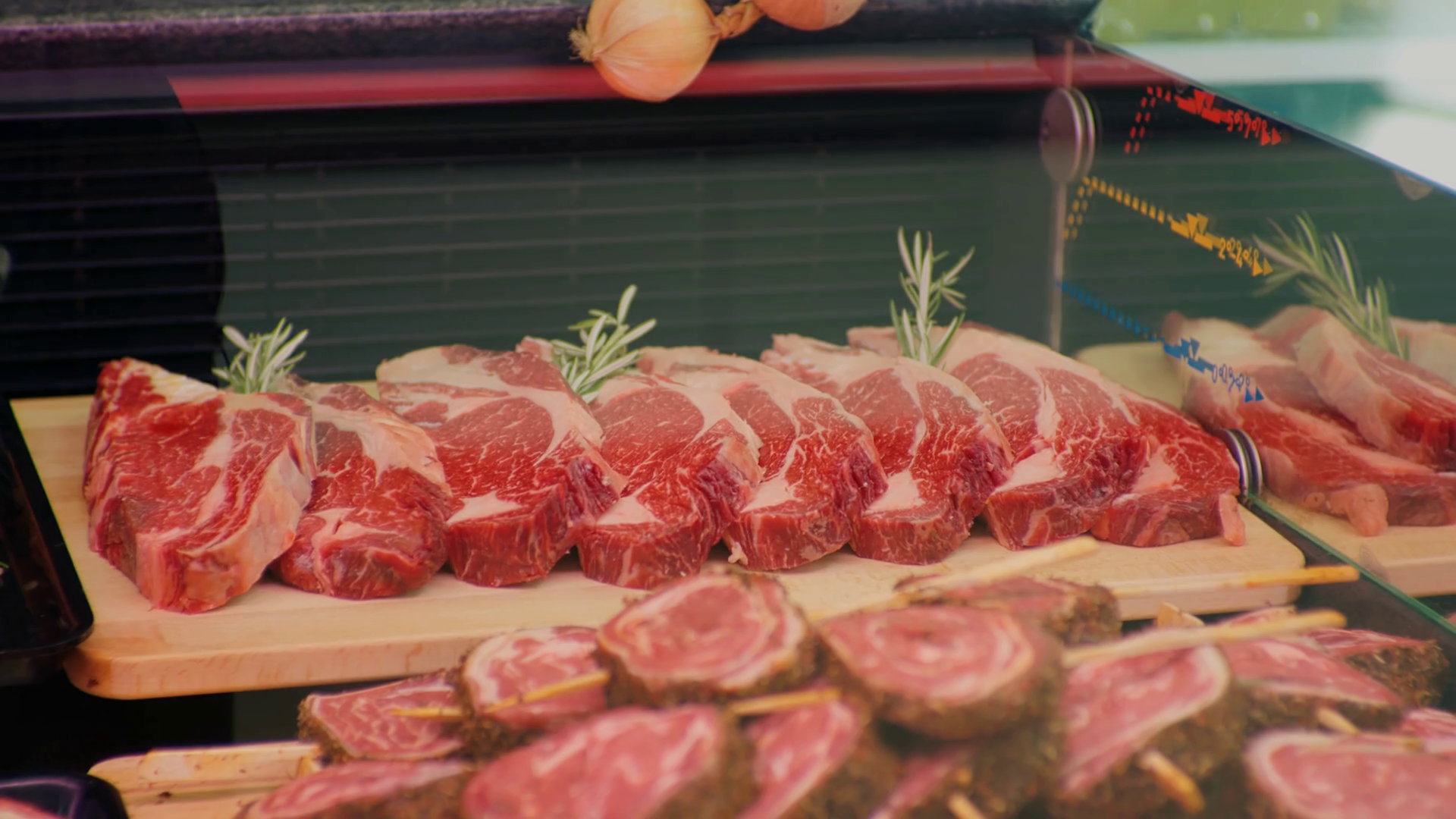 Raw Marbled Beef Steaks On Display In Stock Footage SBV-351672978 ...