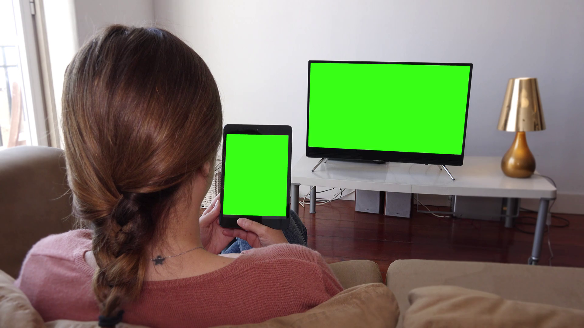 Woman Home Watching Green Screen Monitors Stock Footage SBV-352250970 ...