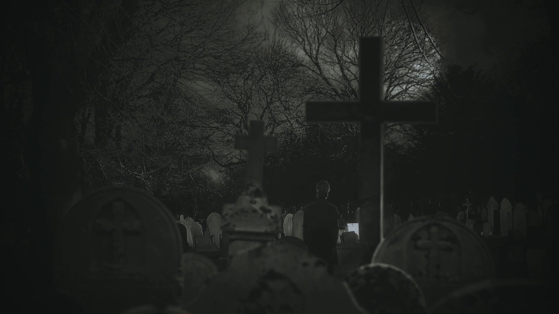 Graveyard Man Alone Tombstones At Night Zoom Stock Footage SBV ...