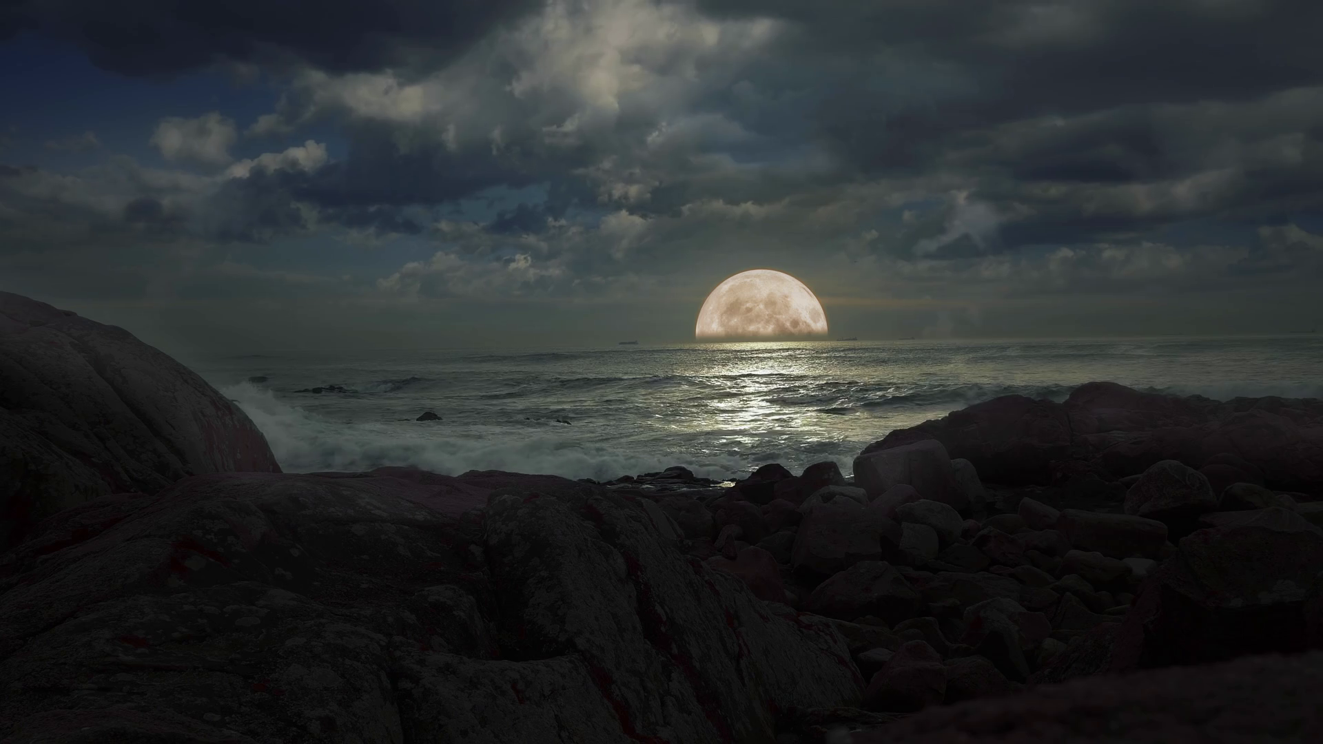 Moonrise Ocean Rocks Moon Glow Over Water Stock Footage SBV-352357355 ...