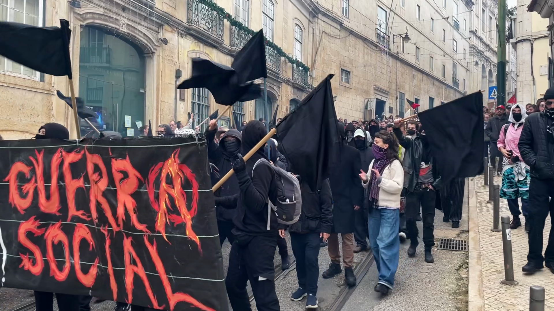 Protest March With Black Flags Banner Across Stock Footage SBV ...