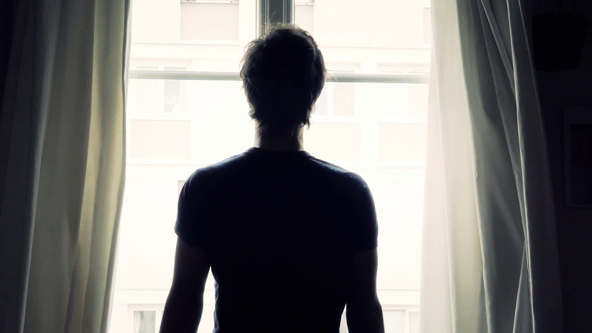 Backlit Man Opens Curtains Stretches 60fps Stock Footage SBV-352102063 ...