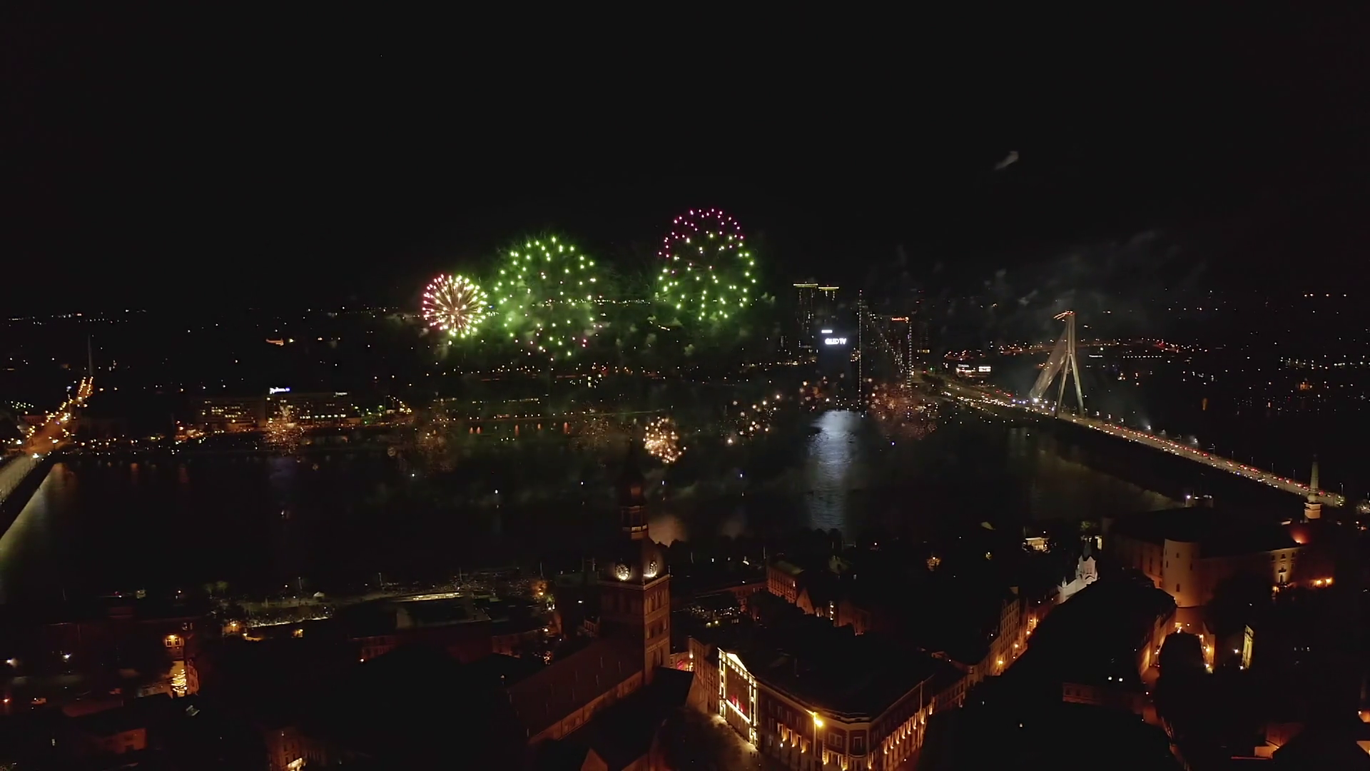 Aerial view of the beautiful fireworks show in Riga, Latvia ...