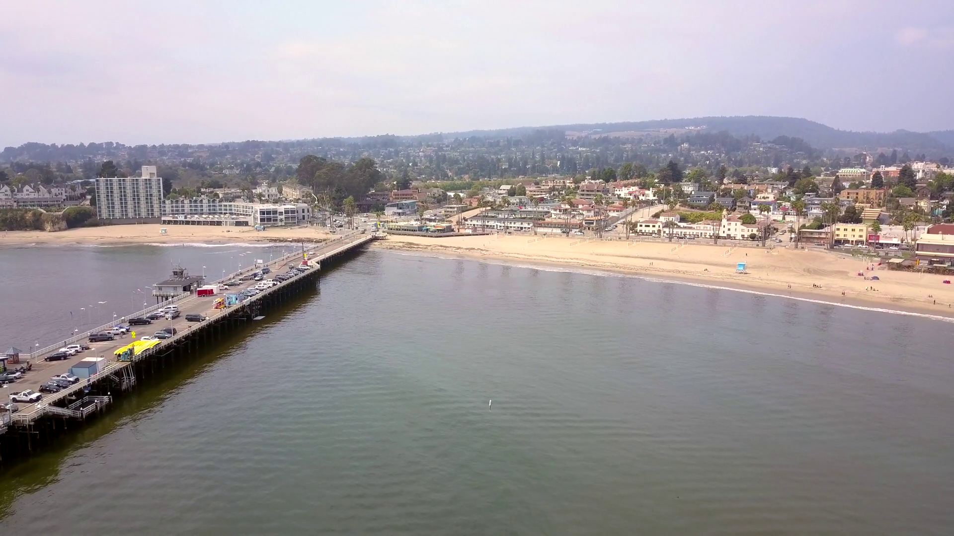 Aerial view of the Santa Cruz pier in California from above. Longest ...