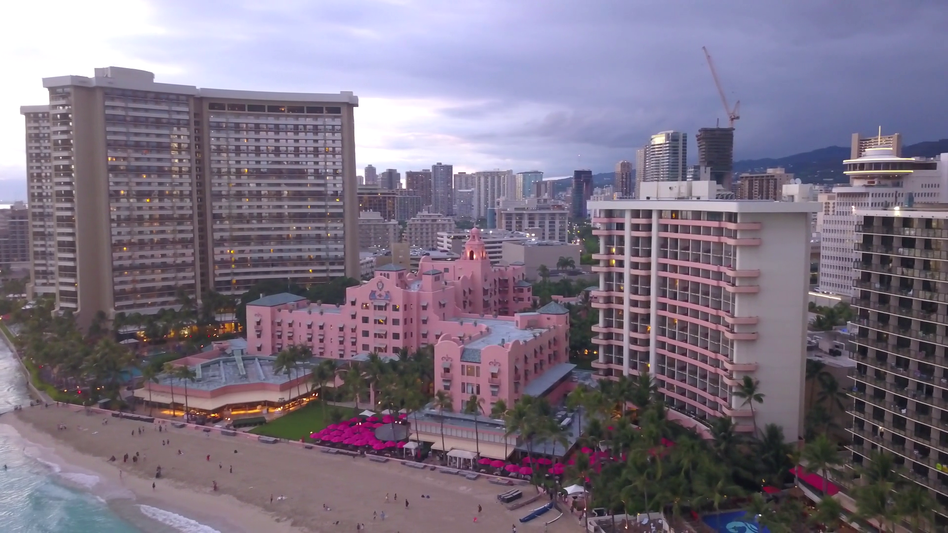 Beautiful Honolulu city purple sunset view from above. Aerial scene ...
