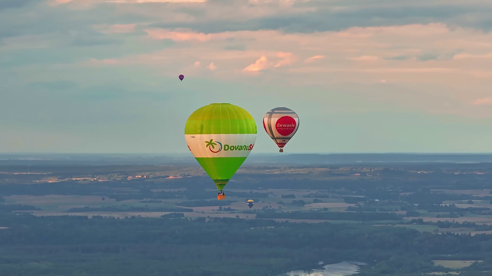 Hot Air Balloons Flying Over Forest Lakes At Stock Footage SBV ...