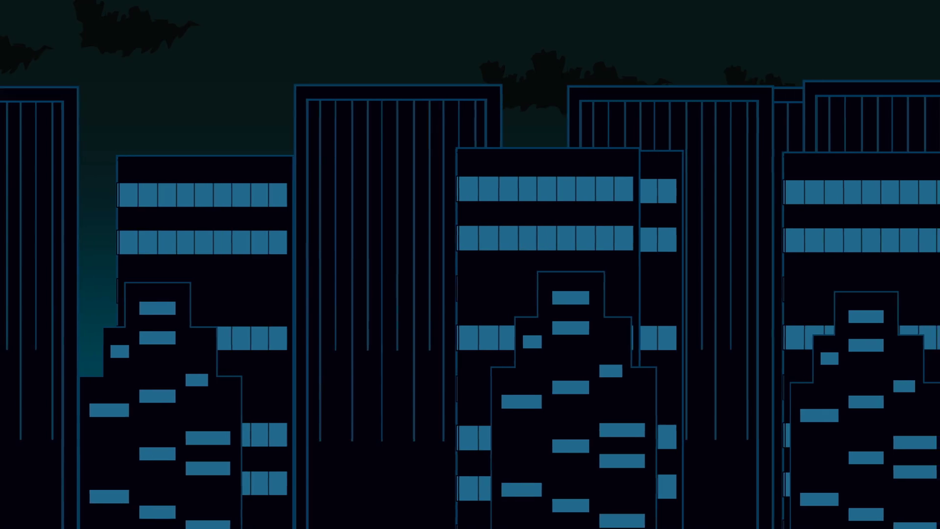 Cartoon animation background with motion clouds and buildings, abstract ...