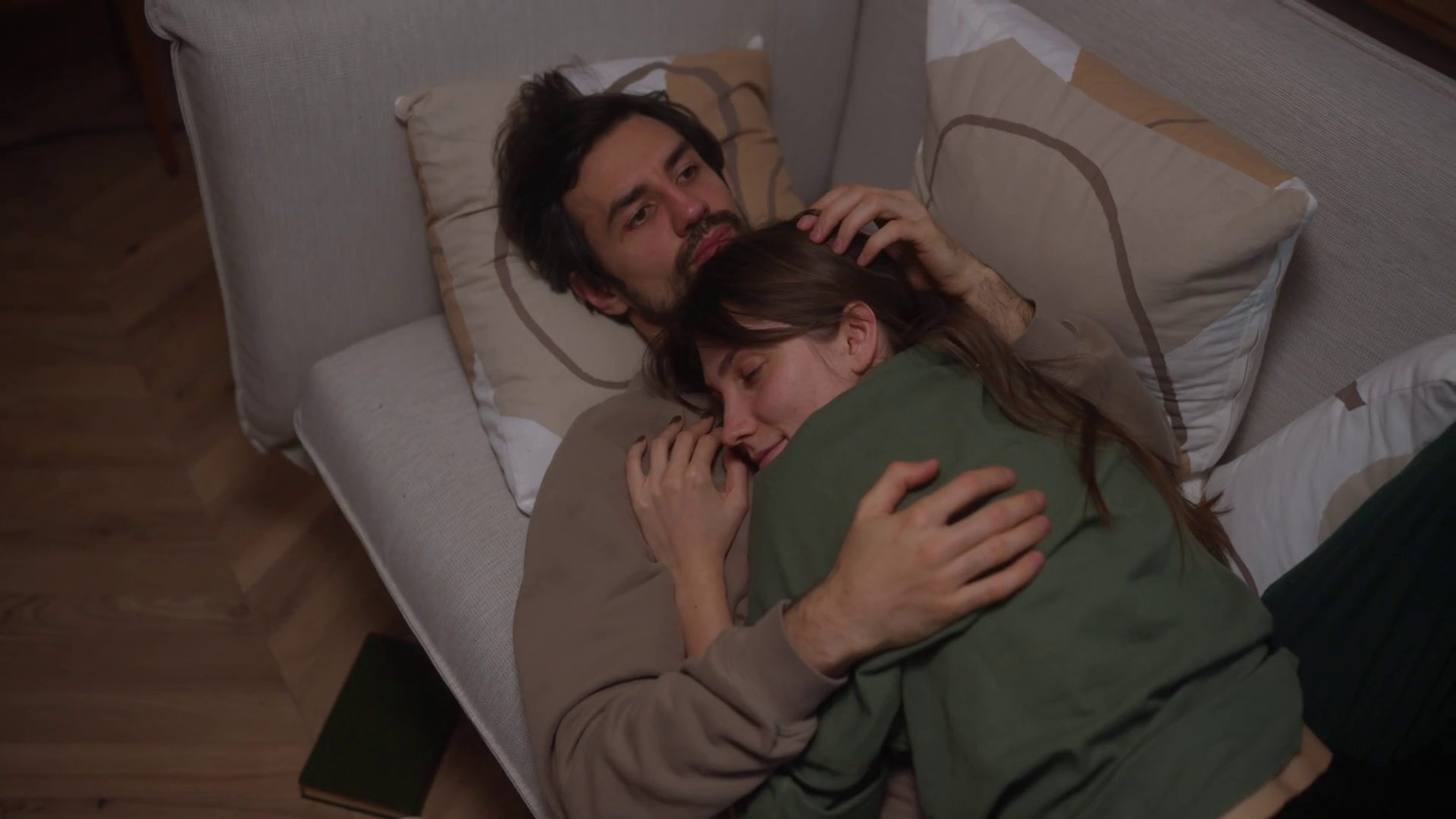 A Tired Brunette Guy Hugs Girlfriend Is Stock Footage SBV-351822784 ...