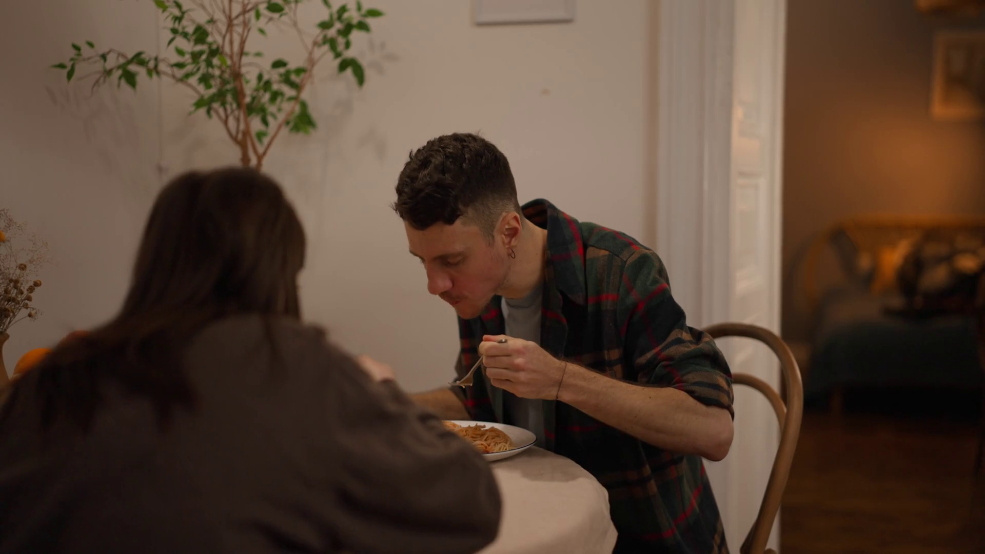 Over Shoulder Guy Enjoying Spaghetti During Stock Footage SBV-352176338 ...