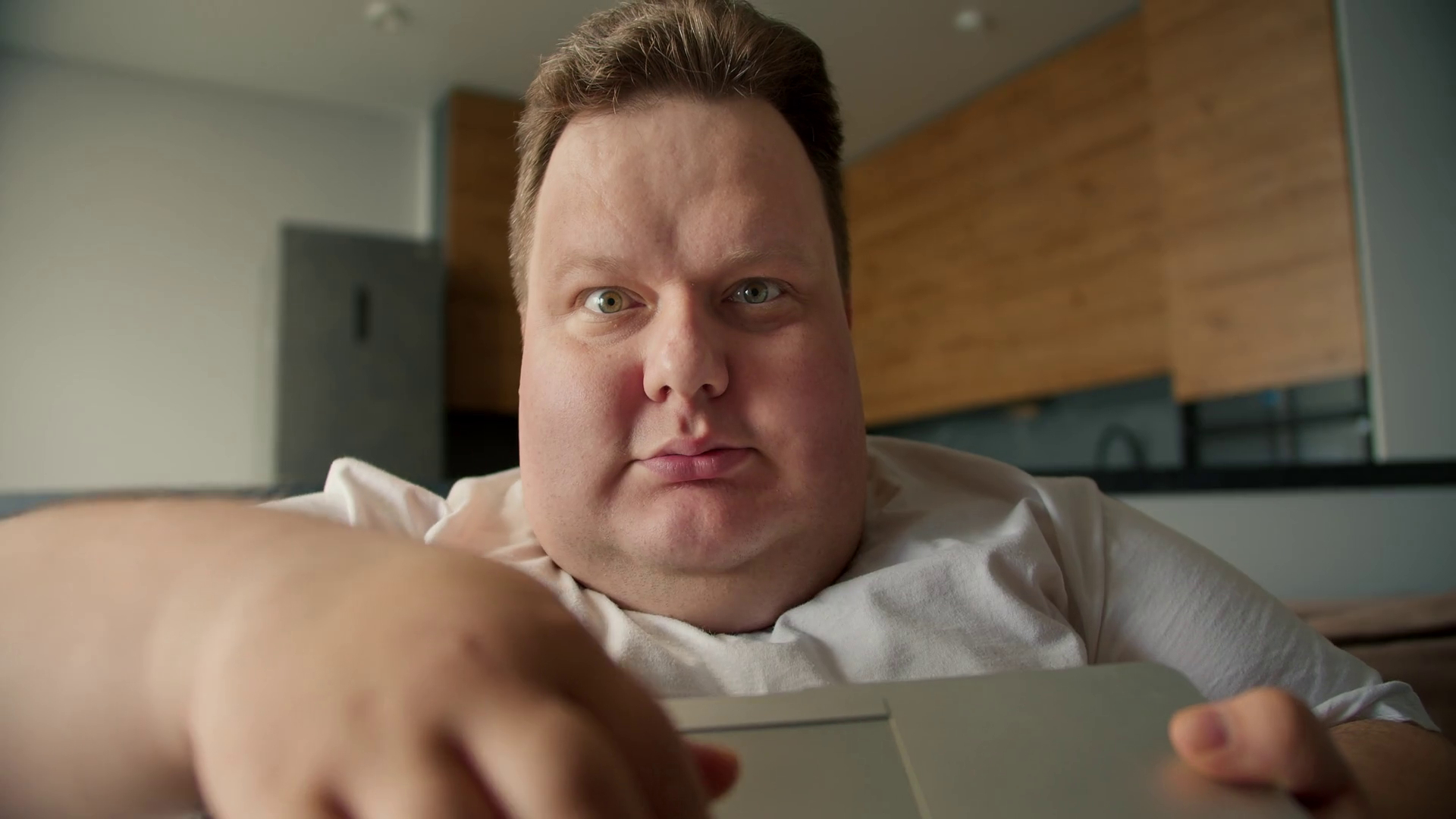 Shooting Close Up Obese Man Looks At Camera Stock Footage SBV-347788421 ...