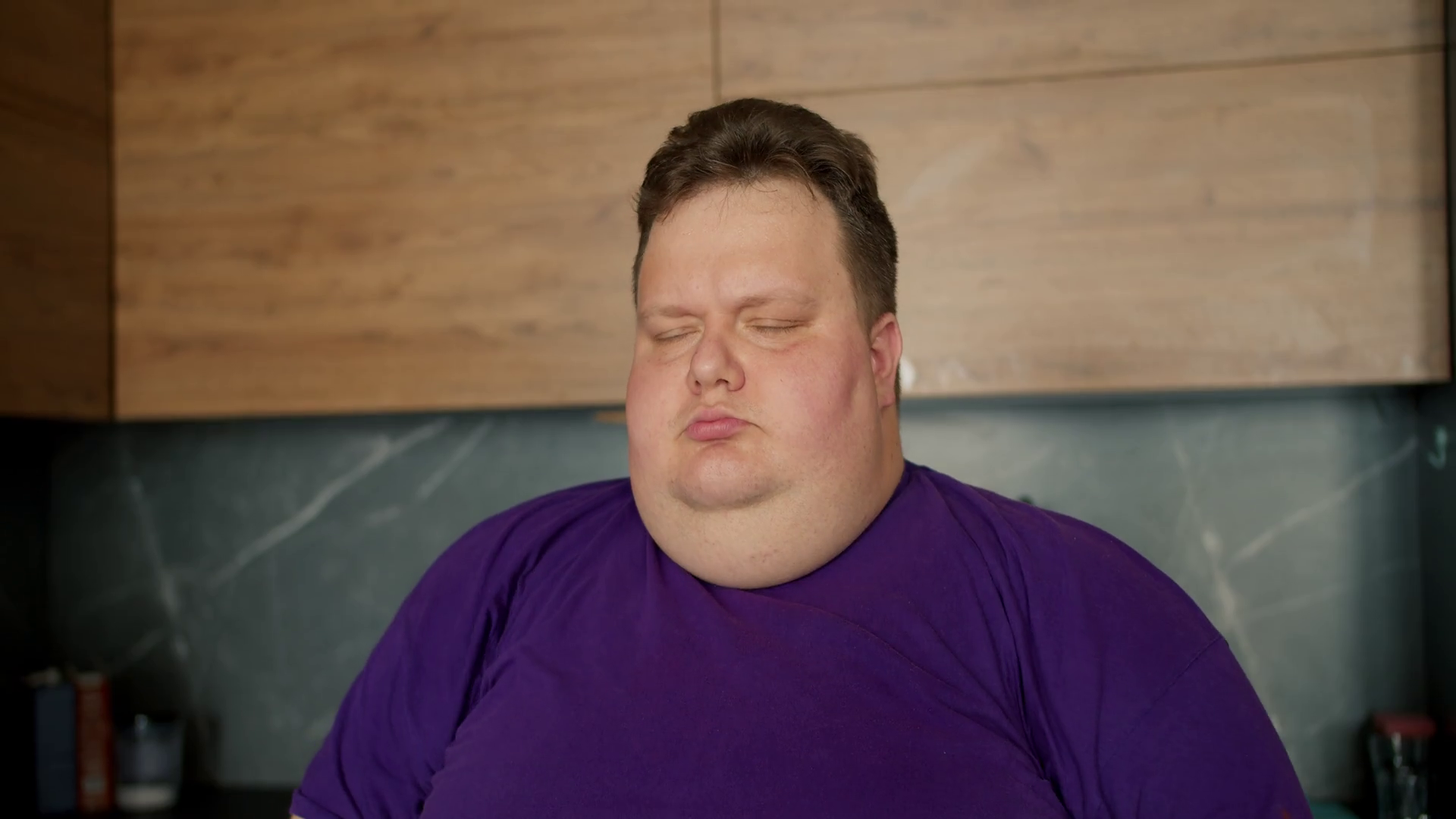 Close-up Shot: Obese Man In Purple T-shirt Stock Footage SBV-347788442 ...