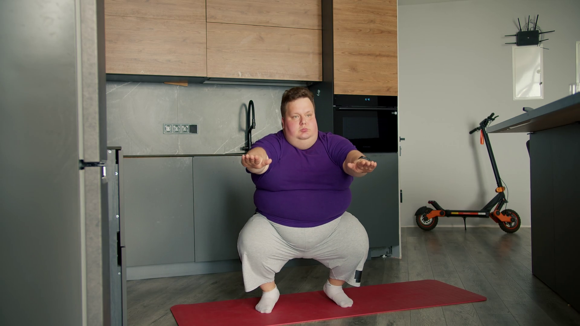 Overweight Man Doing Squats At Home Sports Stock Footage SBV-347788461 ...