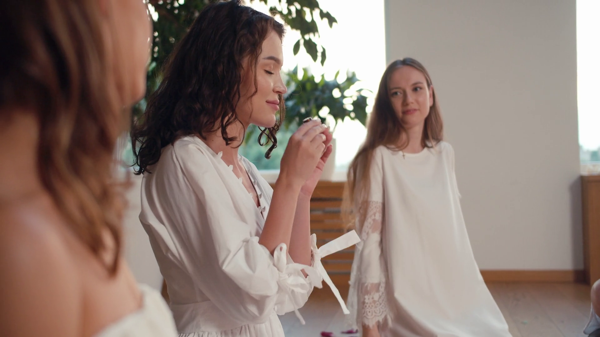Group Therapy Girls Sit In White Dresses In Stock Footage SBV-348361423 ...