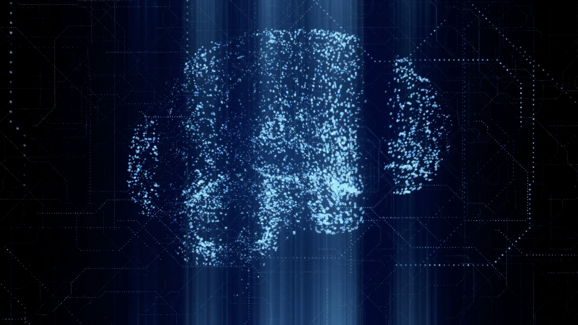 Digital Artificial Intelligence bright blue brain appears in particles of binary data scan in ...