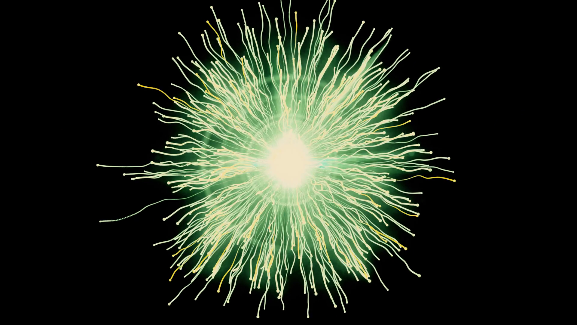 Particle collision and explosion. Bright yellow particles with streams ...