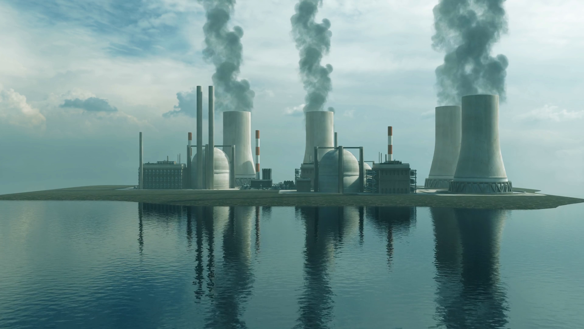 3D animation of a landscape including a nuclear power plant on an ...