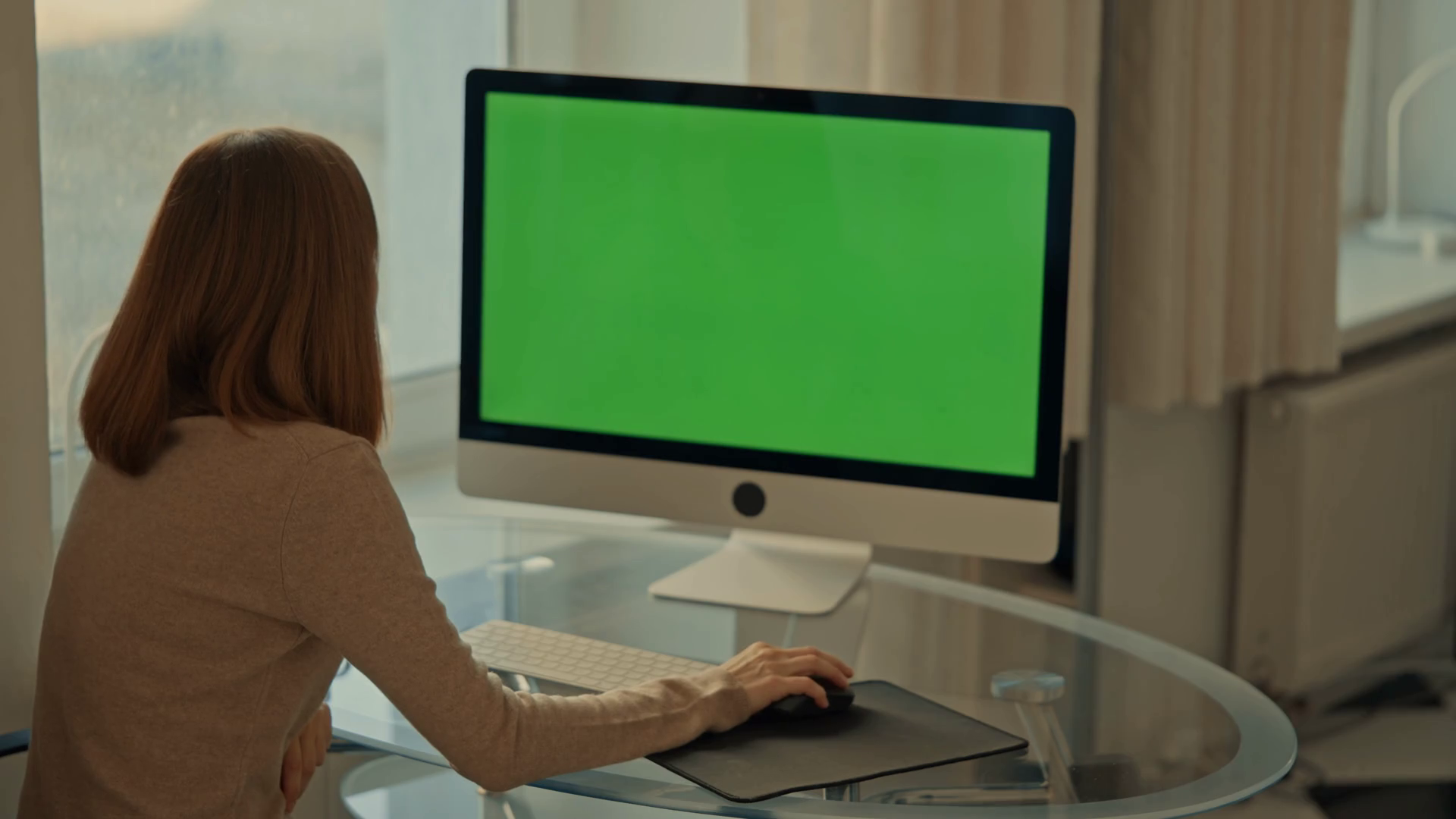 Rear View Woman Sitting At Desk Using Stock Footage SBV-347599782 ...