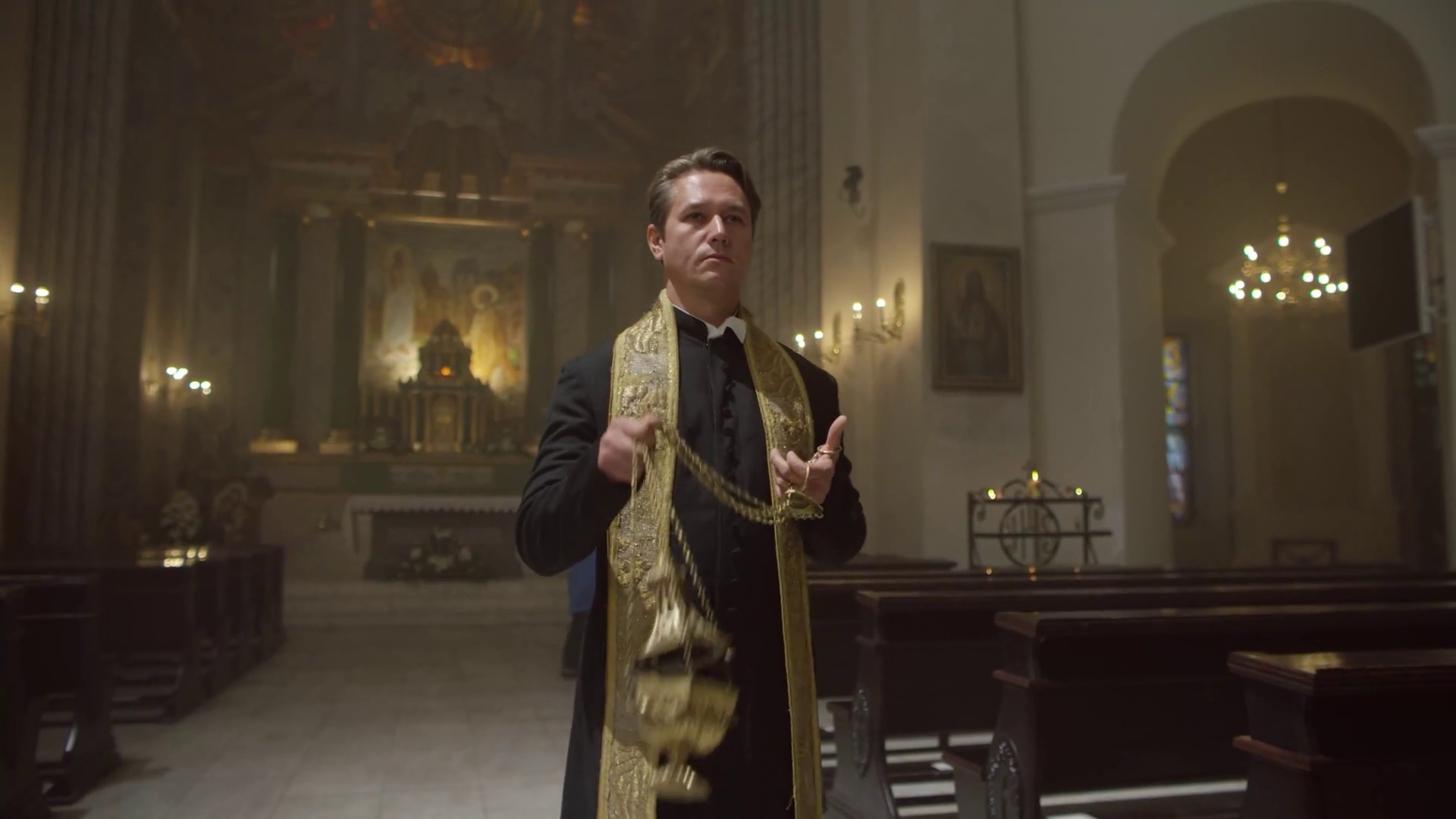 Priest Moves Through Church Swinging Smoking Stock Footage SBV ...