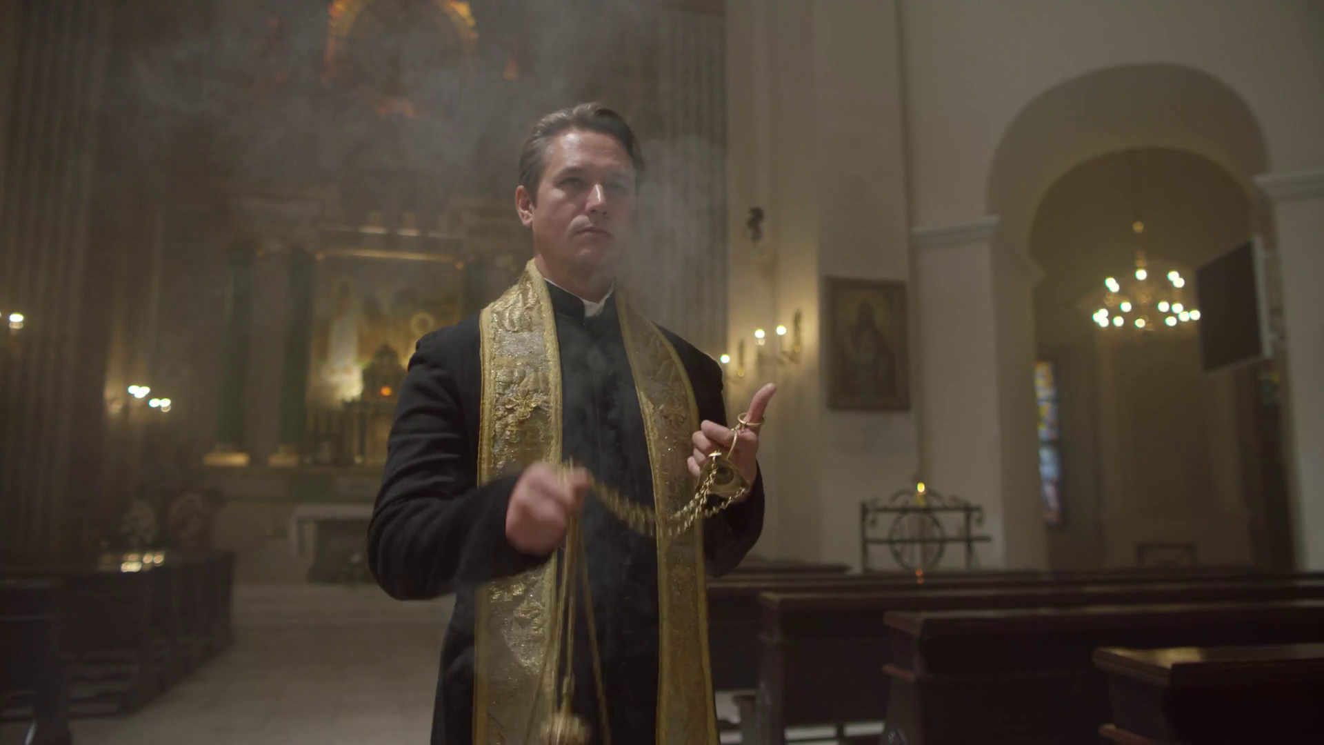 Priest Moves Through Church Swinging Smoking Stock Footage SBV ...