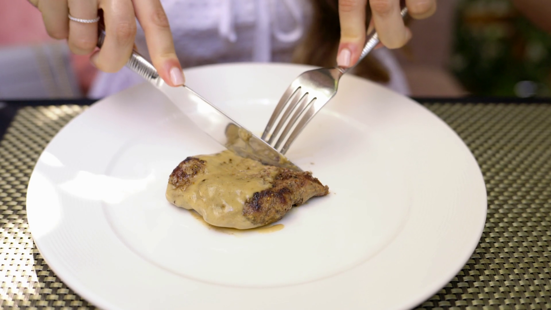 Woman Eating Roastbeef Stakes With Mushrooms Stock Footage SBV ...