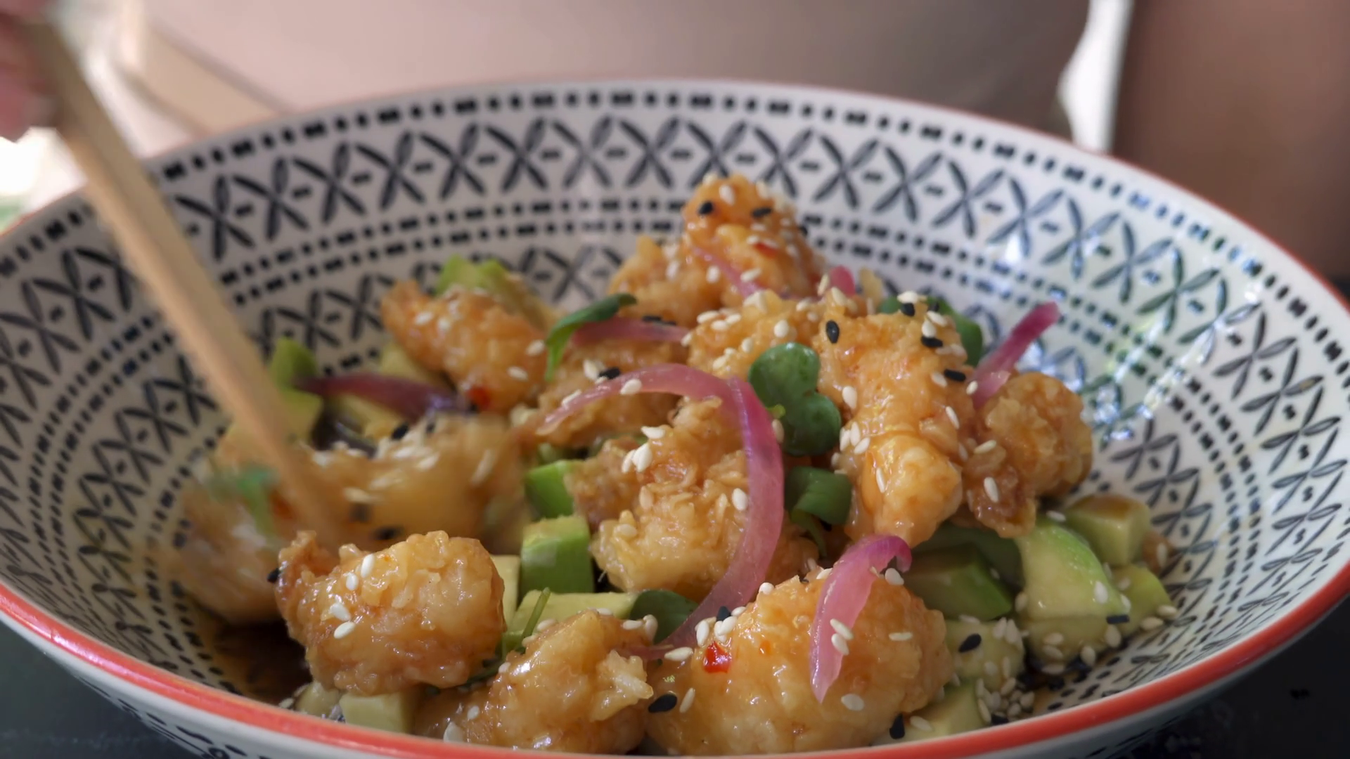Woman Eating Prawn Popcorn With Avocado With Stock Footage SBV ...