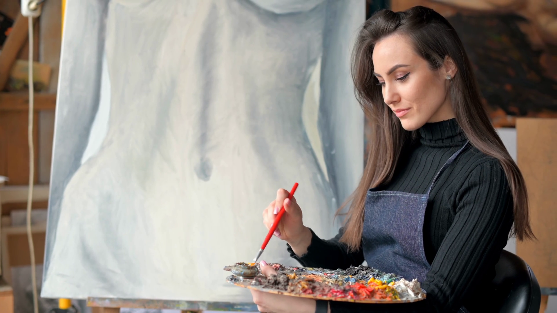 Woman Painting Female Body On Canvas At Art Stock Footage SBV-352490682 ...