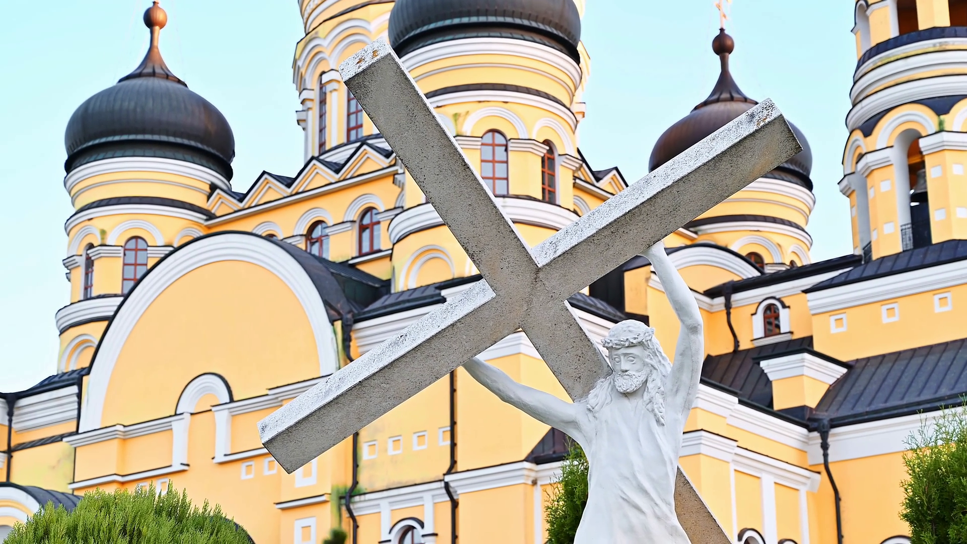 Hancu Monastery Church With Statue Of Jesus Stock Footage SBV-352502614 ...