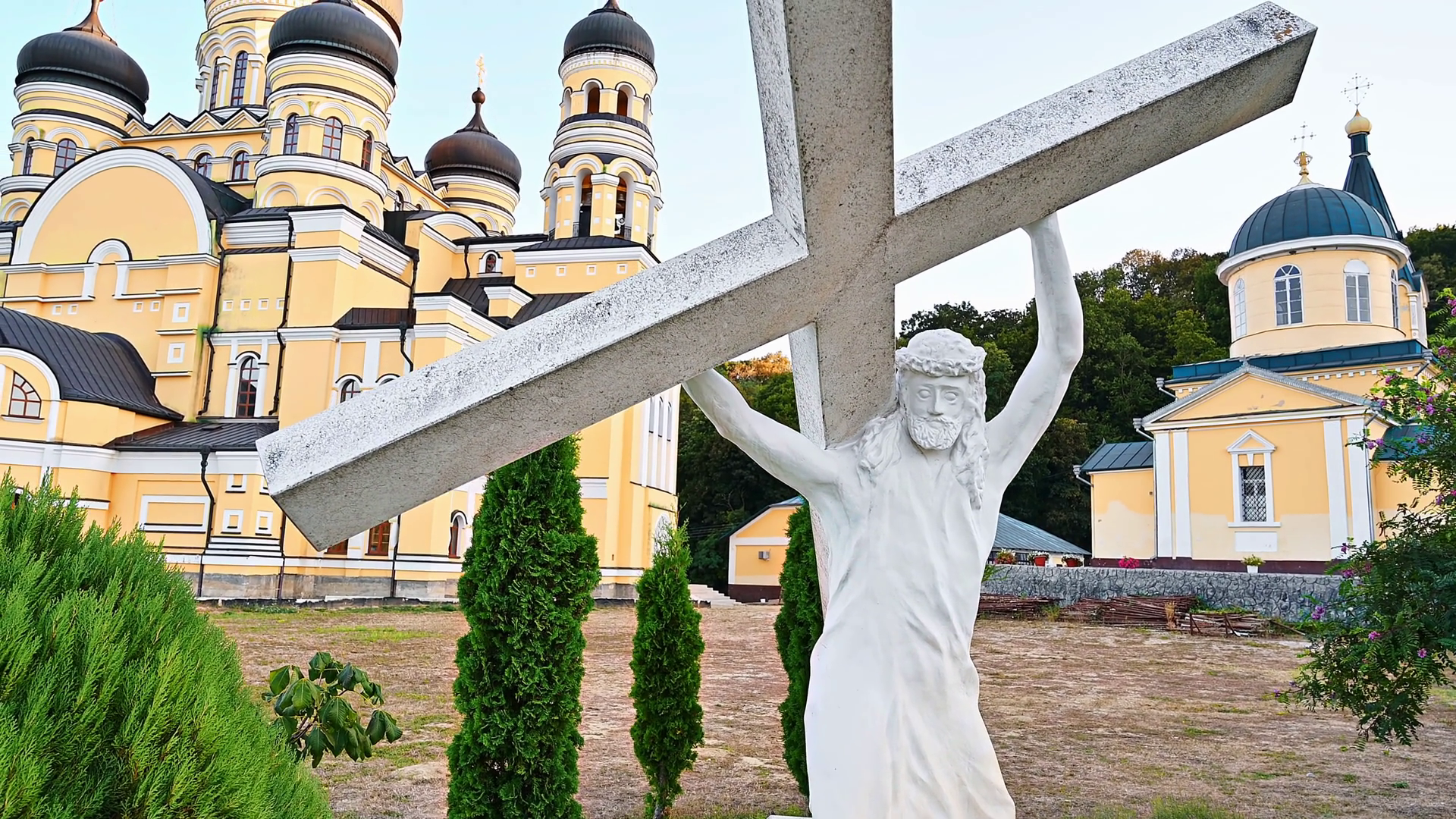 Hancu Monastery Church With Statue Of Jesus Stock Footage SBV-352502583 ...