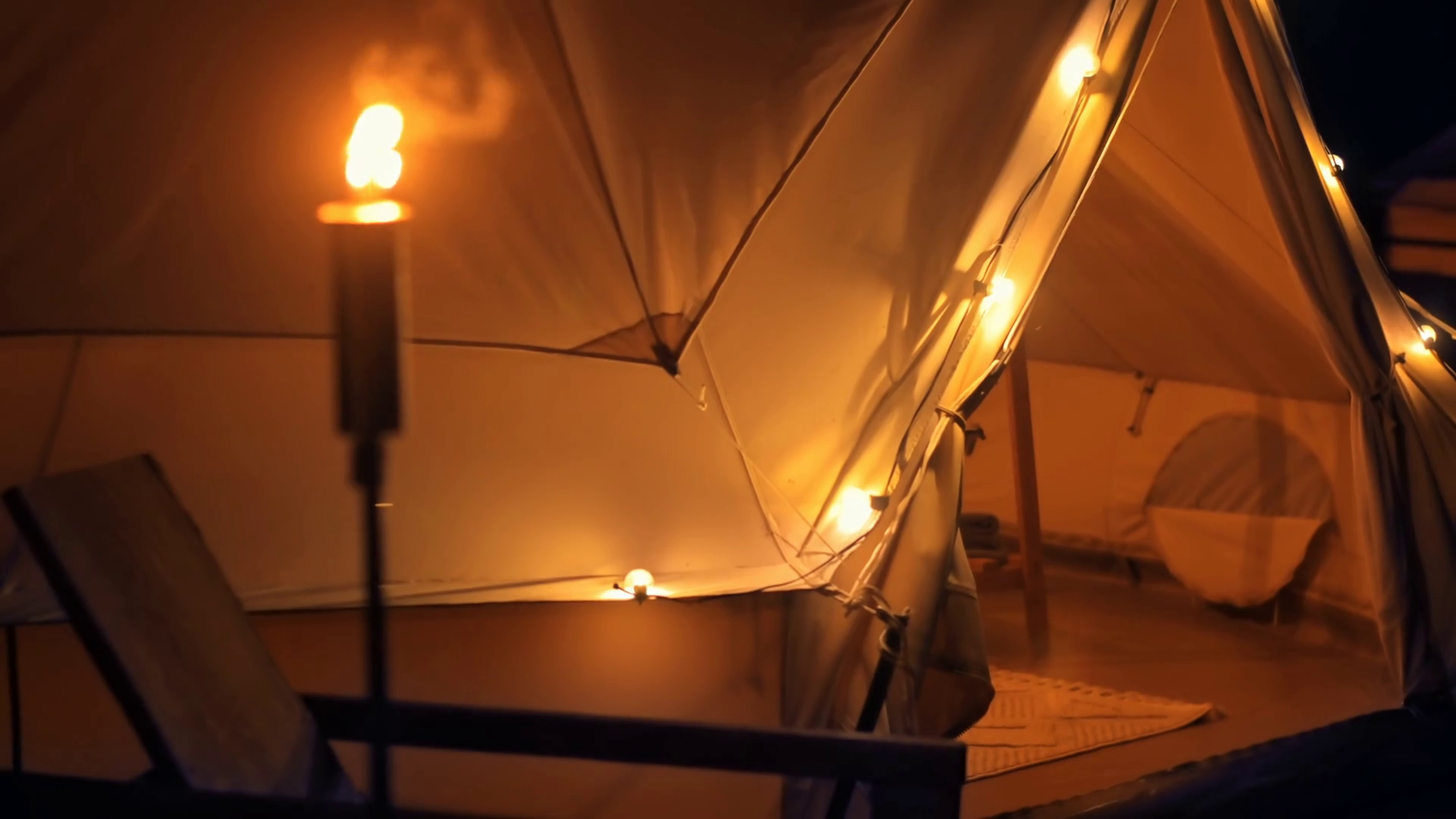 Tent With Burning Torch Lamps Wooden Chair Stock Footage SBV-352447175 ...