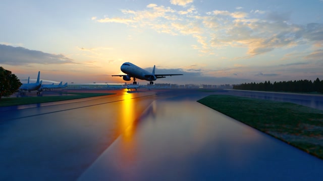 Airplane Standing At Airport Dock Gate Terminal Window View Sunset ...