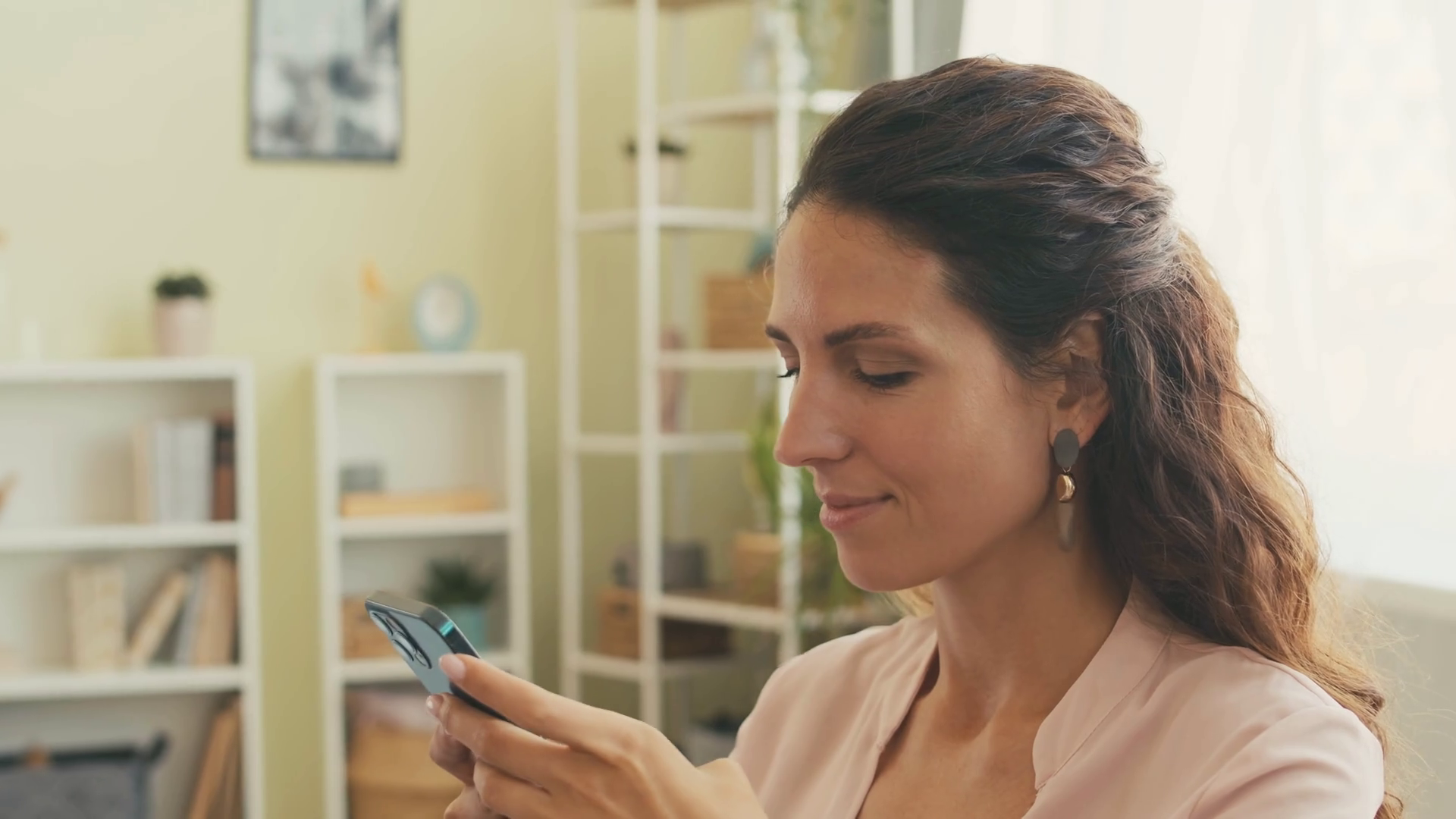 Smiling Young Beautiful Woman Texting With Stock Footage SBV-347304838 ...