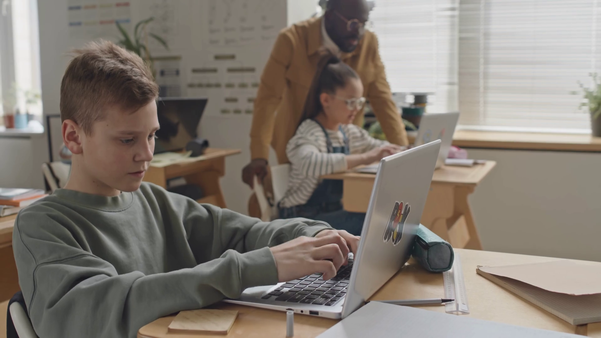 Smart School Boy Sitting At Desk In Stock Footage SBV-347778983 ...