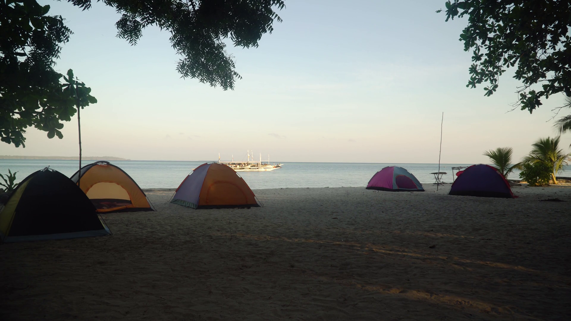 Camp On Tropical Beach With Tents In Early Stock Footage SBV-352339415 ...