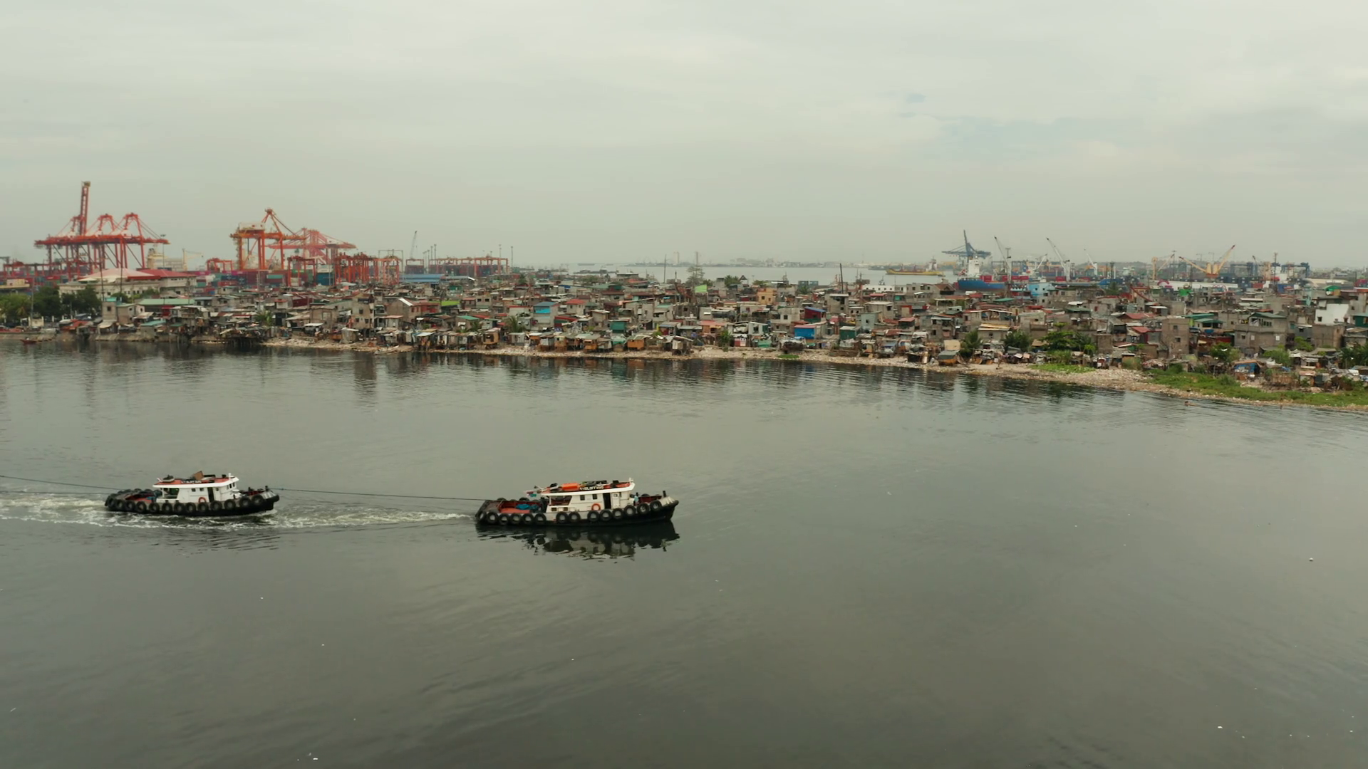 Tugs Pulling Heavy Barge On River Top View Stock Footage SBV-347408729 ...