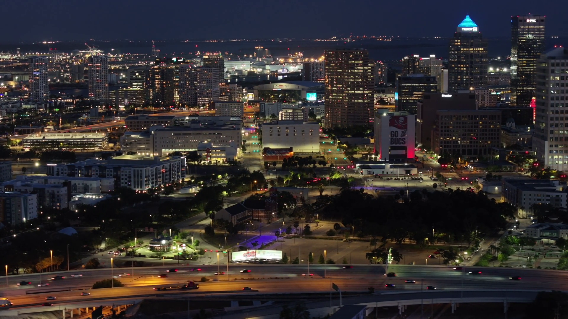 Downtown Tampa Night Aerial Go Bucs Mural Stock Footage SBV-352152513 ...
