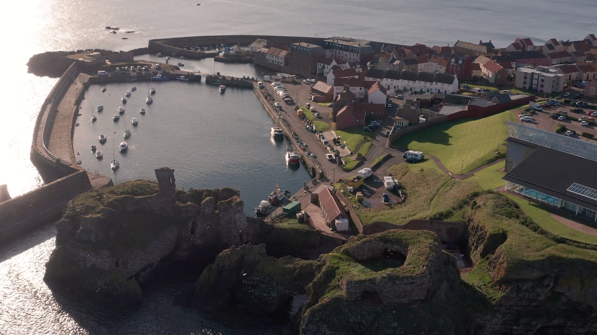 Aerial View Of Dunbar Castle Harbor With Stock Footage SBV-349040218 ...