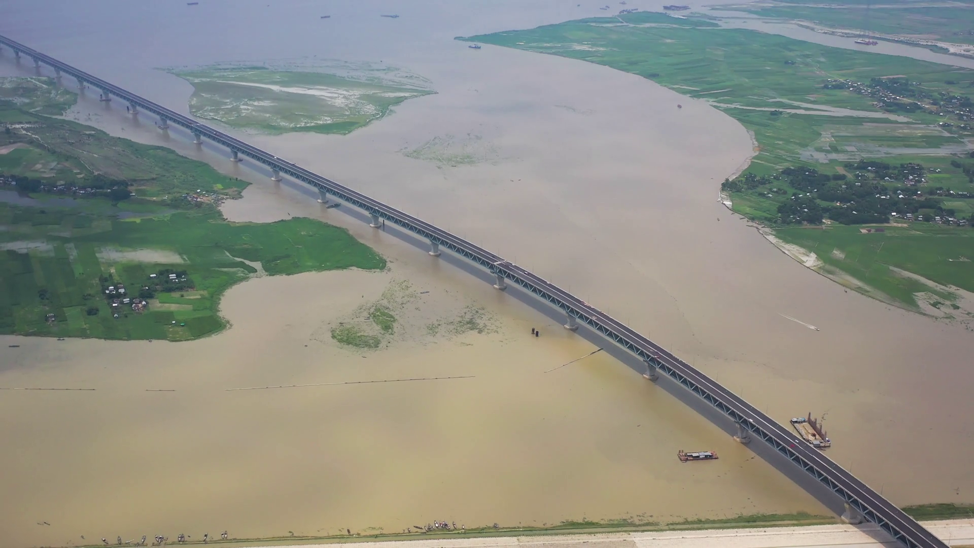 Aerial view of Padma bridge, over the Padma river by day in perspective ...