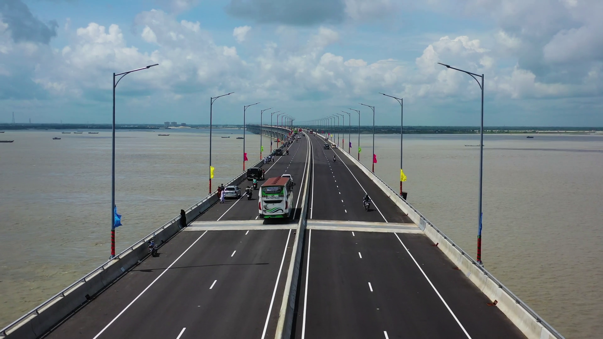 Aerial view of Padma bridge, over the Padma river by day in perspective ...