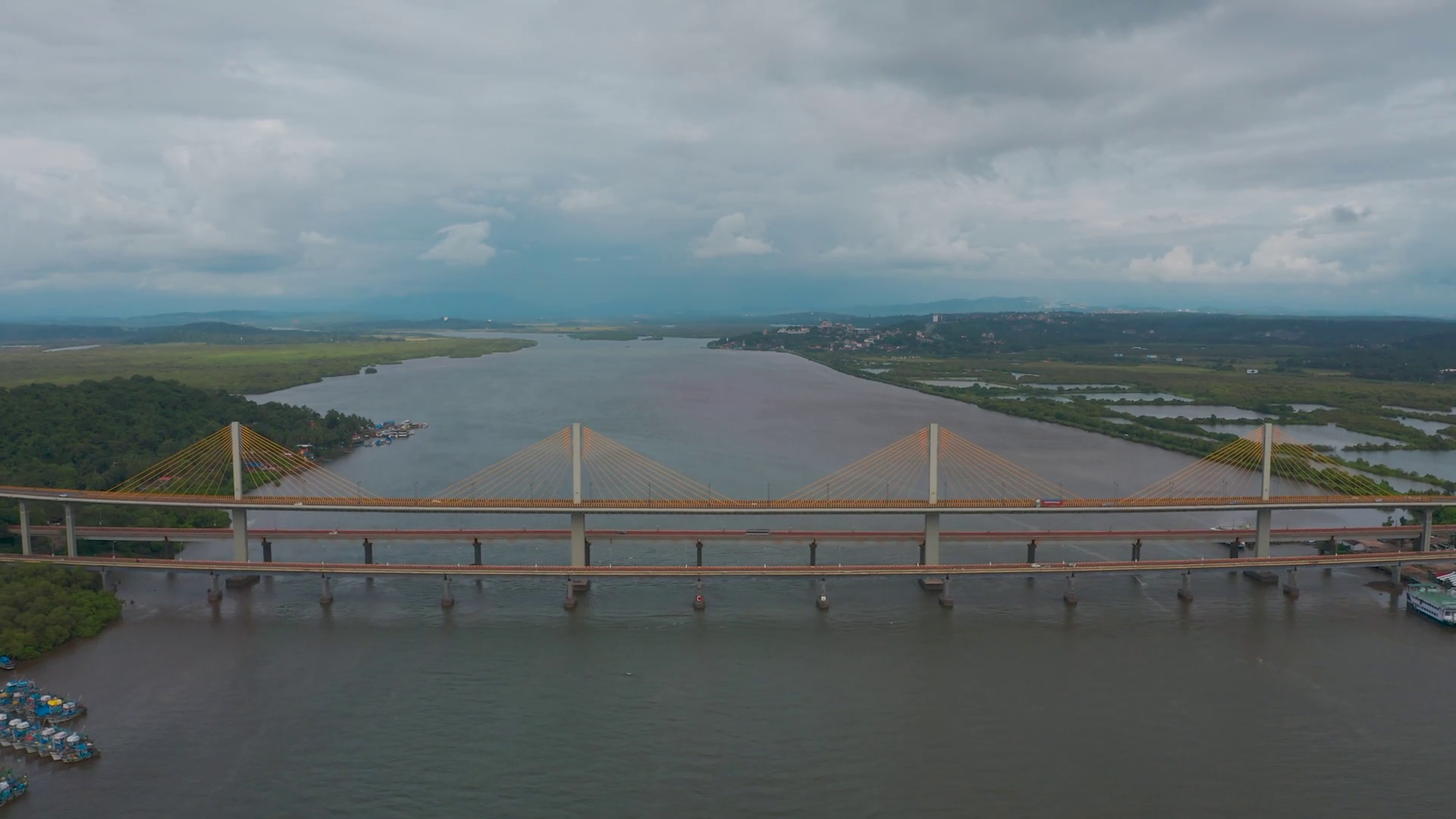Aerial view of Atal Setu bridge over the Mandovi river, Panjim, Goa ...