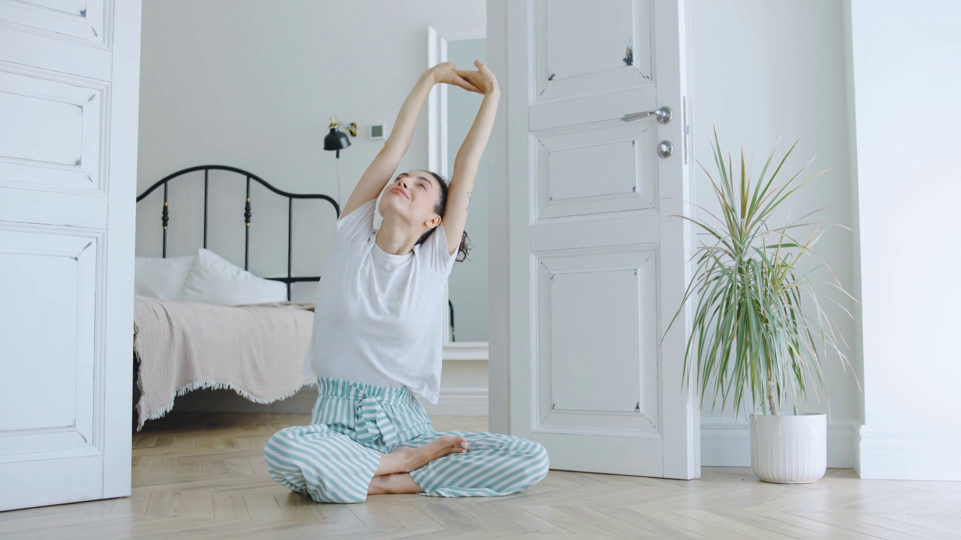 Morning Stretch Routine In Bright Minimalist Stock Footage SBV ...
